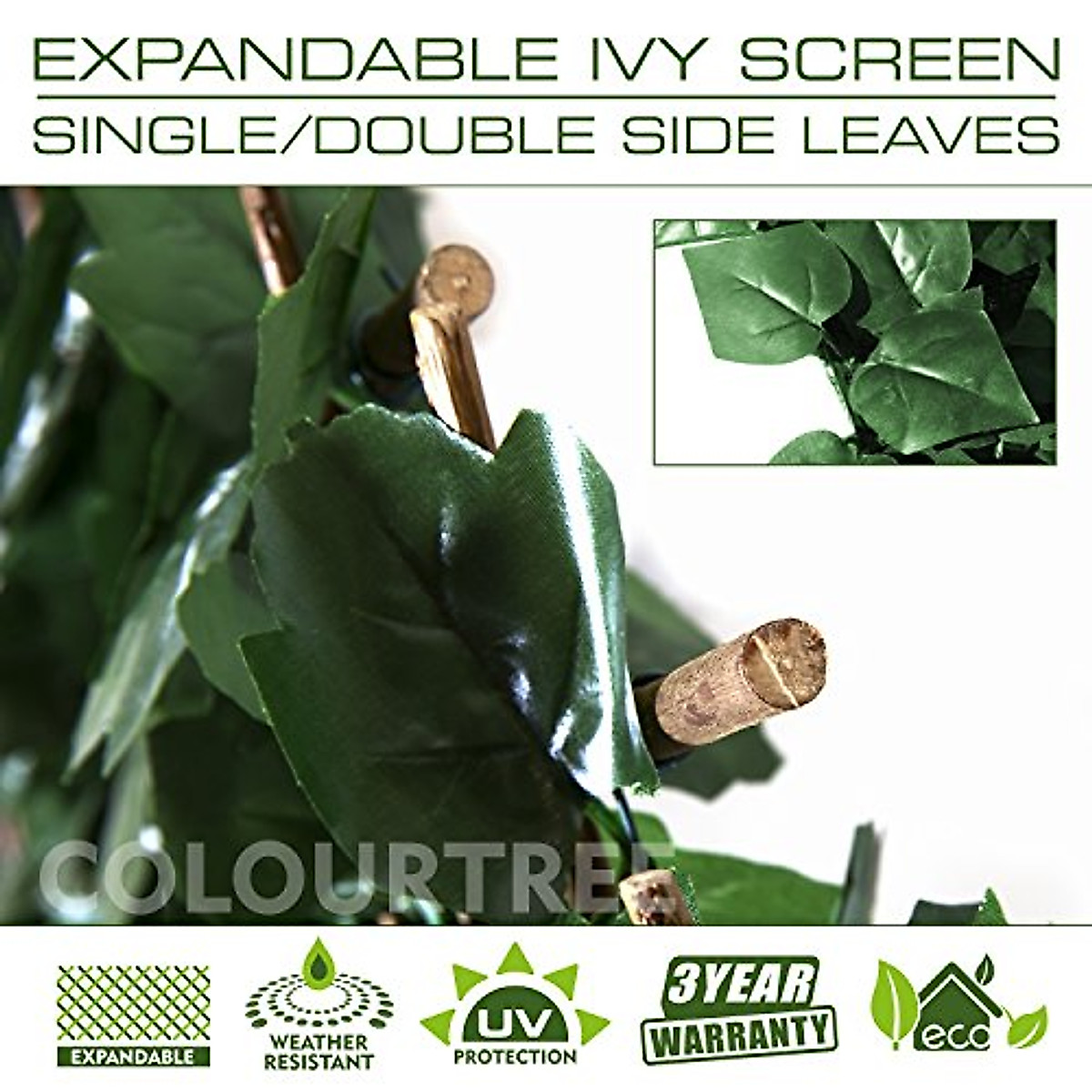 ColourTree Expandable Rectractable Faux Artificial Ivy Trellis Hedge Fence Screen Privacy Screen Wall Screen - Commercial Grade 150 GSM - Heavy Duty - 3 Years Warranty (2, Double Sided Leaves)