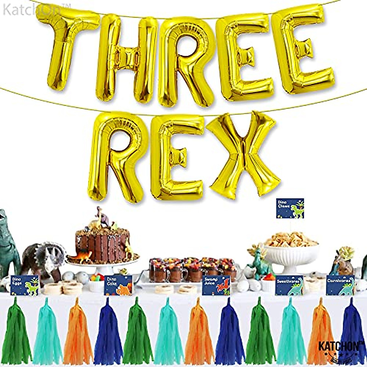 KatchOn, Huge Gold Three Rex Balloons - 16 Inch | Gold Three Rex Birthday Party Decorations | 3 Rex Birthday Decorations Boys | Three Rex Birthday Decorations Boys | Dinosaur Birthday Decorations