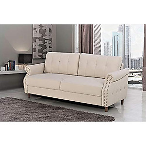 Container Furniture Direct Briscoe Ultra Modern Upholstered Button Tufted Back with Rolled Arms Living Room, Sofa, Biscuit
