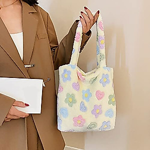 JQWSVE Plush Shoulder Bag Y2K Fluffy Underarm Bag Women Fluffy Tote Bag Flower Plush Bag Autumn Winter Fuzzy Faux Fur Handbag