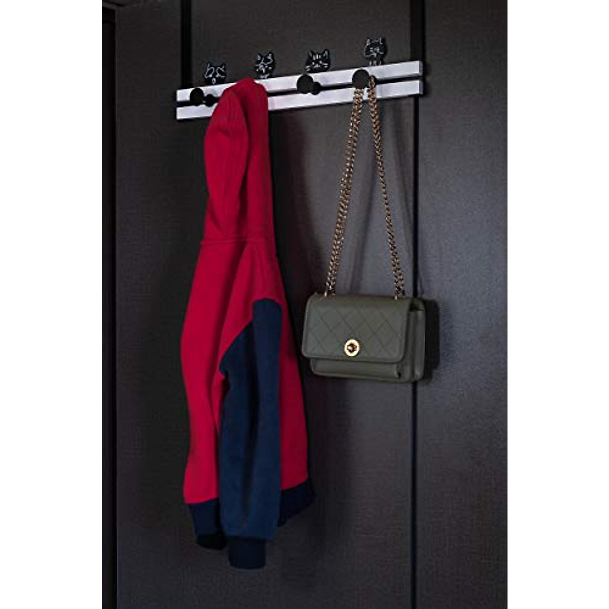 Creathome Over The Door Rail with 4 Peg Hooks, Lovely Cat Pattern, Black and White Style