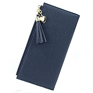 SUMGOGO Slim Wallet for Women Long Tassel Zipper Clutch Purse Handbag Card Case Wallet (Black)