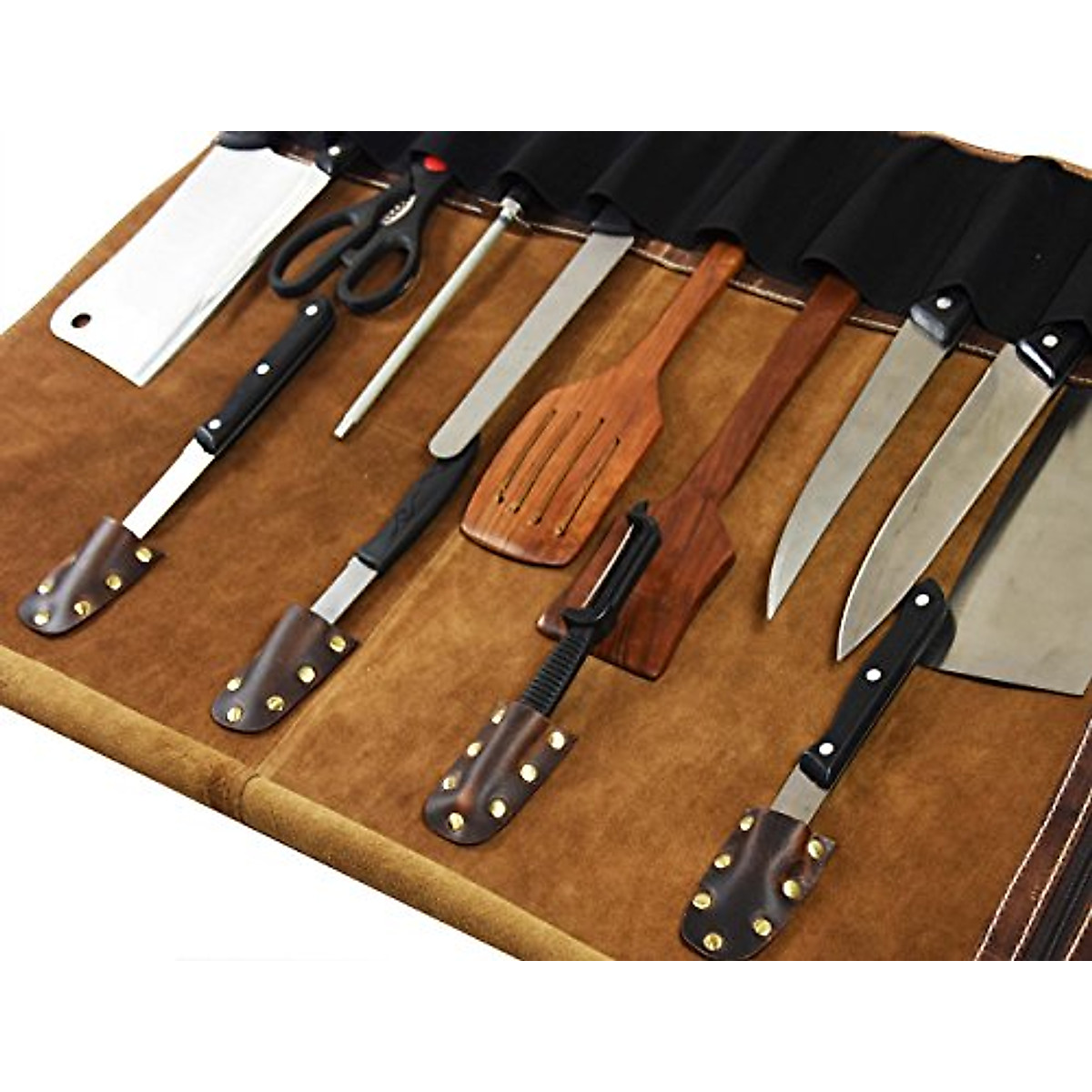 Leather Knife Roll Storage Bag, Elastic and Expandable 10 Pockets, Adjustable/Detachable Shoulder Strap, Travel-Friendly Chef Knife Case (Dark Brown, Leather)