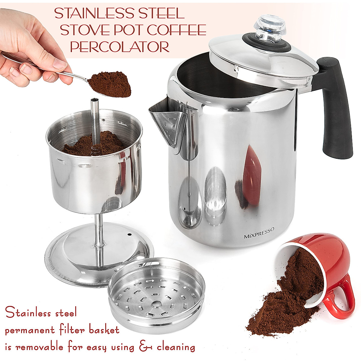 Mixpresso Stainless Steel Stovetop Coffee Percolator, Percolator Coffee Pot, Excellent For Camping Coffee Pot, 5-8 Cup Coffee Maker, Stainless Steel Coffee Percolator