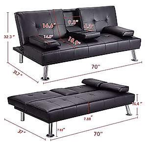 Futon Sofa Bed, Upholstered Convertible Folding Sleeper Sofa with Removable Armrests, Modern Futon Couch for Living Room, Bedroom, 2 Cupholders, Metal Legs-Black+PU