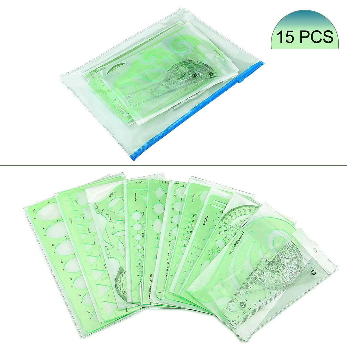 Geometric Drawings Templates Measuring Geometry Rulers 15 Pcs with 1 Pack File Bag for Design School Studying Office Building…