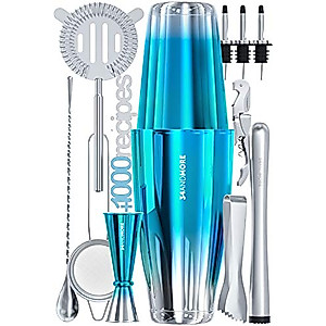 Bartender Kit. Boston Cocktail Shaker Set. Mixology Bar Set Tools Accessories for Professional and Home Bartending. Barware Kit: Two Weighted Shaker Tins, Muddler, Strainer, Jigger, Mixing Spoon, etc