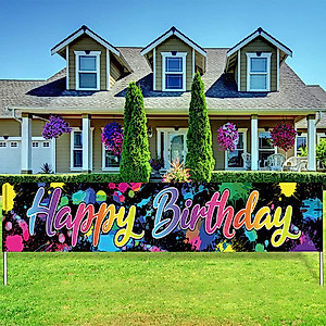 Fanghui Large Happy Birthday Banner Colorful Neon Glow in The Dark Themed Birthday Party Decorations Let's Glow Birthday Banner Yard Sign Supplies Glow Party Photoshoot for Indoor Outdoor(118x20 inch)