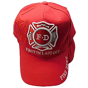 Trade Winds Fire Department Dept First in Last Out Red with Red Shadow Cotton Adjustable Embroidered Baseball Hat Cap, Black, 7 3/4