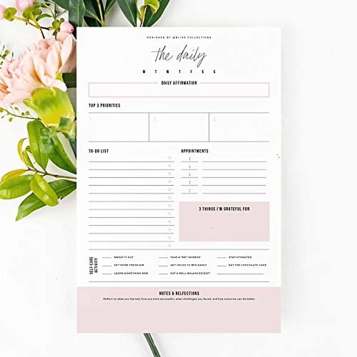 Bliss Collections Daily Planner, Simple Pink Self-Care Calendar, Organizer, Scheduler, Productivity Tracker for Organizing Goals, Tasks, Notes, to-Do Lists, 6"x9" Undated Tear-Off Sheets (50 Sheets)