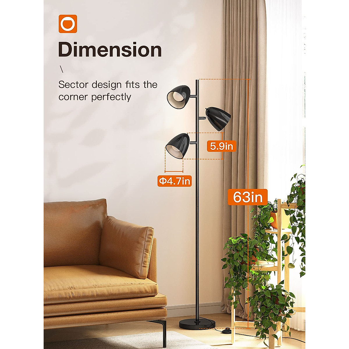 addlon Tree Floor Lamp with 3 Adjustable Rotating Lights and Matching LED Bulbs, Standing Tall Pole Lamps for Living Room, Bedroom, Home, Office - UL Listed, Black