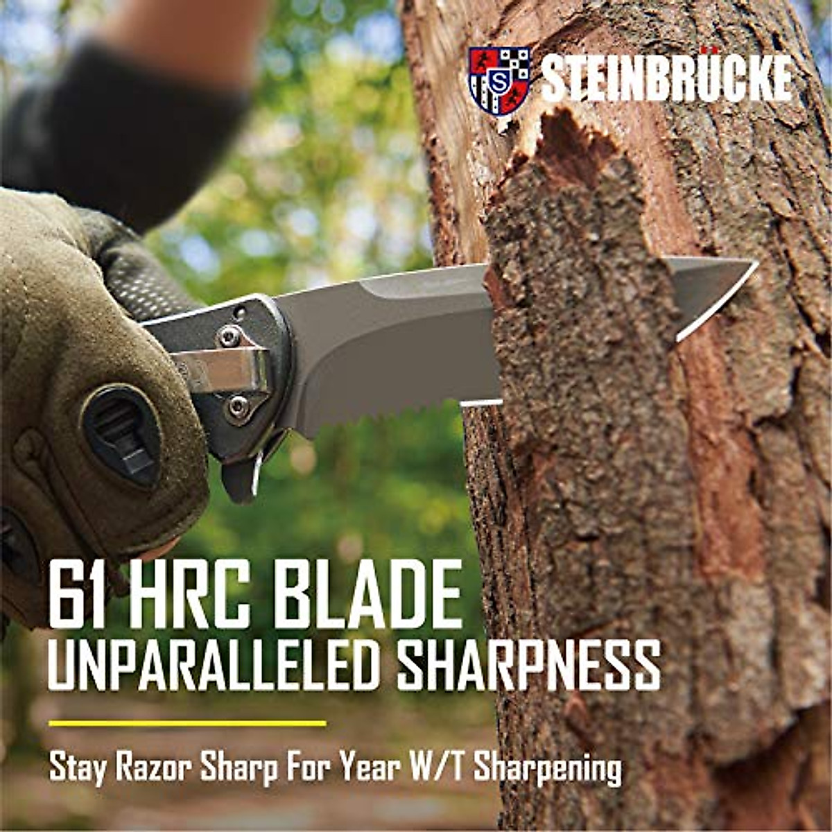 Motovecor Steinbrucke Pocket knife with 3.1”- EDCFolding Knife 9Cr18Mov High Performance Stainless Steel Partially Serrated Blade with Reversible Clip,3.3Oz Titanium coated 60-61 HRC