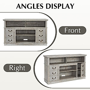 LETESA Traditional Classic Media TV Stand for TV up to 65”, Retro Wooden TV Console with Open and Closed Storage Cabinets for Bedroom, Living Room, Corridor (Light Gray)