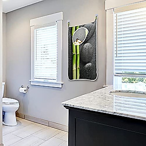 Poeticcity Black Zen Basalt Stones with Dew Green Bamboo on Dark Hanging Laundry Hamper Bag, Dirty Clothes Bag Over The Door, Wall Cloth Basket with Hooks Storage Closet for Bathroom Bedroom