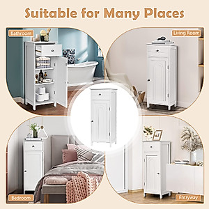 COSTWAY Bathroom Storage Cabinet, Single Door Floor Cabinet with Drawer and 3-Level Adjustable Shelves, Modern Side Storage Organizer with Anti-Tipping Device for Living Room, Bedroom (White)