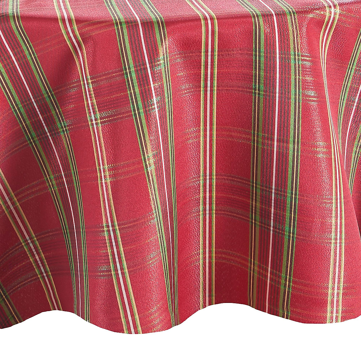 Elrene Home Fashions Shimmering Plaid Holiday Fabric Tablecloth, 60" x 84" Oval, Red
