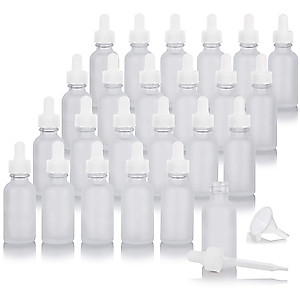 JUVITUS 1 oz Frosted Clear Glass Boston Round Bottle with White Dropper (24 pack) + Funnel