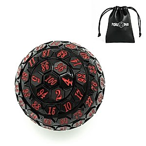 Poludie 100 Sided Polyhedral Dice, Single D100 Game Dice, 100 Sided Cube with Black Pouch, D100 die 48 mm (Black with Red Number)
