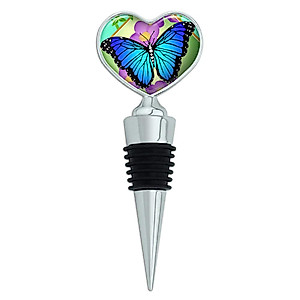 Blue Butterfly Purple Flowers Heart Love Wine Bottle Stopper