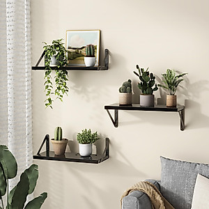 Fun Memories Black Floating Shelves Set of 3, Wooden Wall Book Shelves, Wall Mounted Bathroom Shelves, Modern Storage Shelf Bathroom Organizer, Living Room, Kitchen, Office (16.5 inches Long)