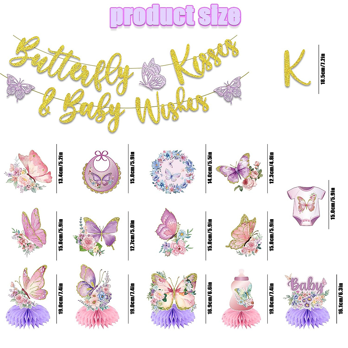 KMCCUMBER Butterfly Baby Shower Decorations, Purple Baby Shower Decorations Include Butterfly Kisses and Baby Wishes Banner Hanging Swirls and Honeycomb Centerpiece Party Decorations for Girl