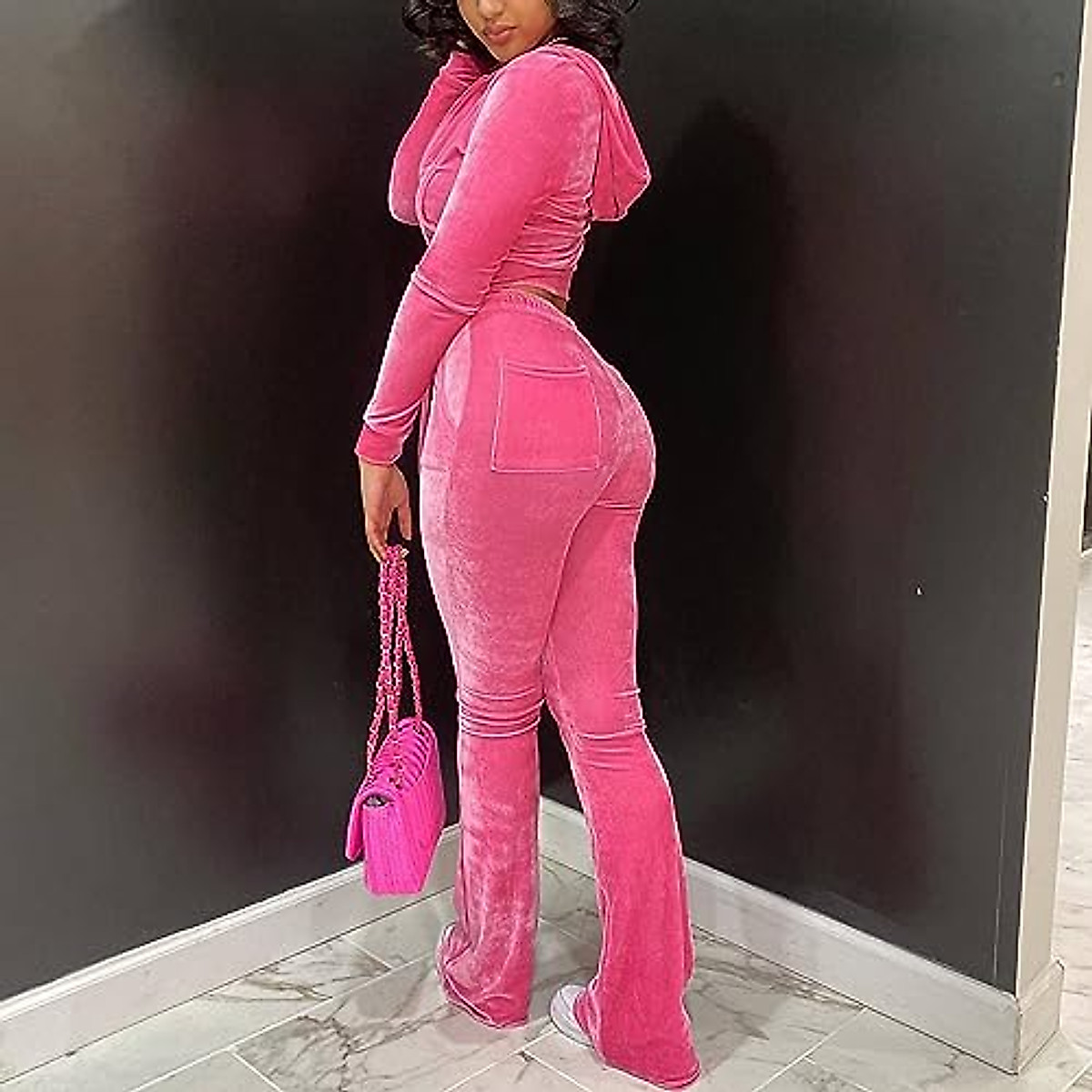 plus size 2 piece outfits for women Lounge Sets for Women Zip Up Casual 2 Piece Pant Sets Long Sleeve Hooded Sweatshirts Comfy Velvet Fashion Outfits Pink XL