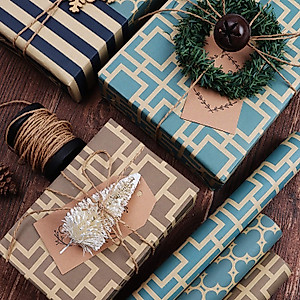 RUSPEPA Reversible Kraft Wrapping Paper Sheet - Navy Geometric Design Kraft Paper - 6 Sheets Packed as 1 roll - 17.5 x 30 inches per Sheet