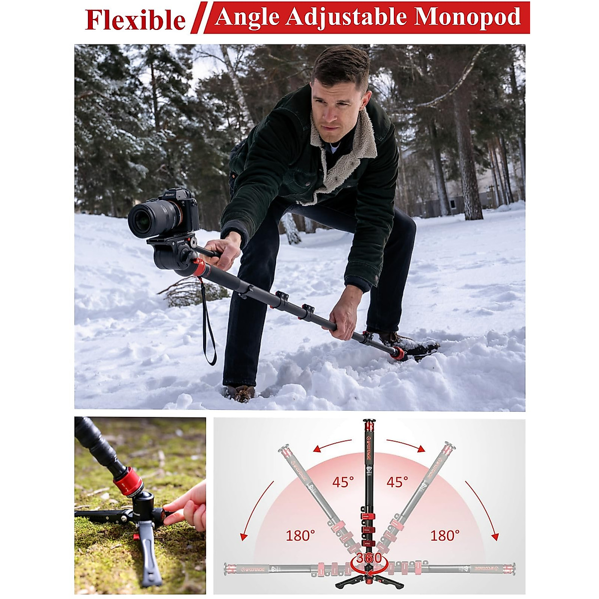 IFOOTAGE 71" Carbon Fiber Monopod Cobra 3 C180F, Camera Monopod Lightweight for Travel, Professional Video Monopod with Tripod Base, Max Load 10KG
