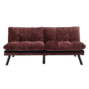 Sofa Bed Futon Couch Convertible Loveseat Sleeper Comfy Foldable Lazy Sofa Small Futons with Adjustable Back Armless Sofabed for Small Spaces, Chenille, Wine Red