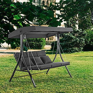 MCombo 3-Seat Reclining Patio Swing Chair with Chain Armrests, Outdoor Porch Swing Chair with Cushions and Pillows for Backyard, Poolside, Deck 4354 (Dark Grey)