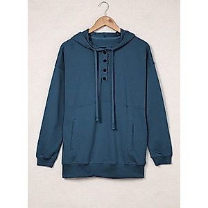 Diukia Women's Casual Button V Neck Solid Color Hooded Sweatshirt 2022 Fall Warm Long Sleeve Hoodie Outwear Fashion Drawstring Pocket Pullover Tops for Ladies Navy Blue S 4-6