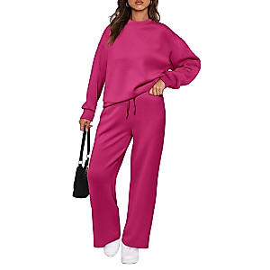 PRETTYGARDEN Women Two Piece Sweatsuits 2024 Long Sleeve Pullover Tops Wide Leg Pants Sets Matching Sweat Outfits (Rose Red,Large)