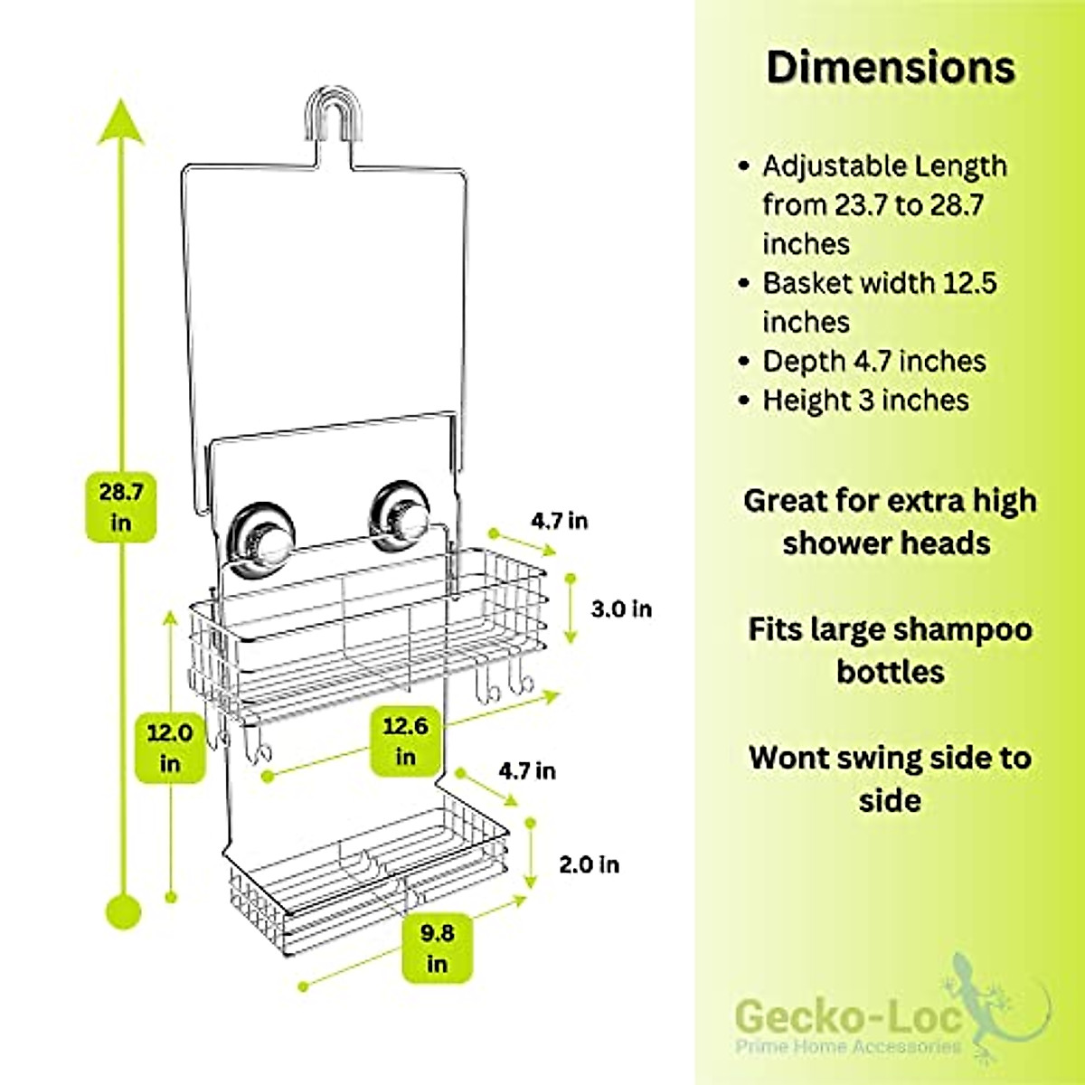 Gecko-Loc 🦎 NEW LONG WIDE Adjustable Length Over the Showerhead Hanging Shower Caddy Organizer - Silver