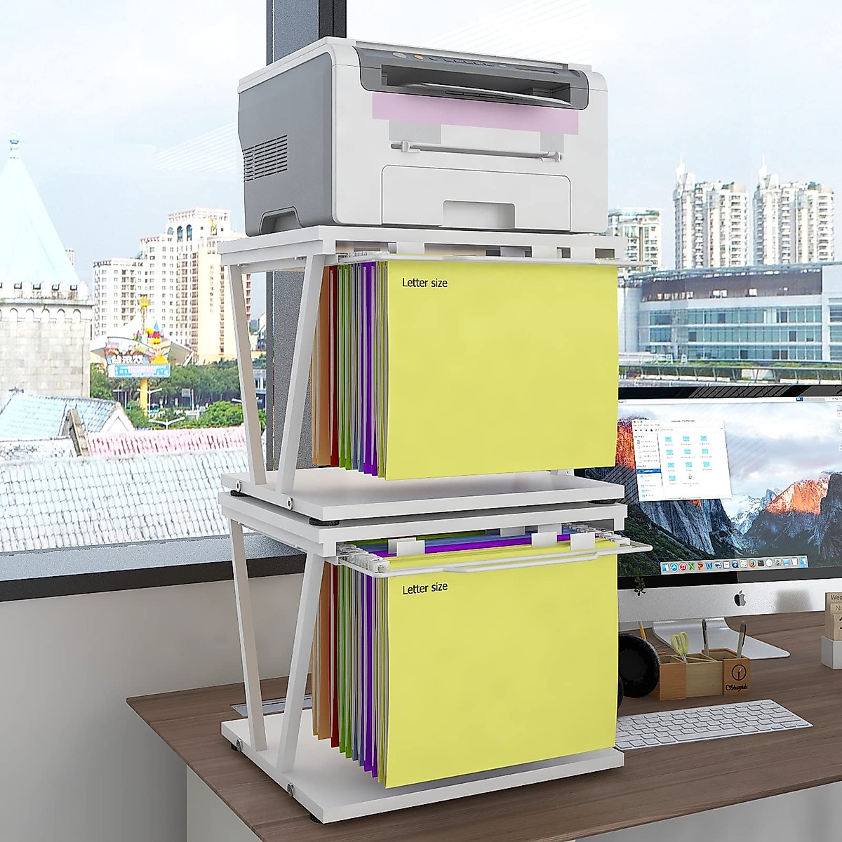 PUNCIA 2 Tiers Home Office Desktop Printer Stand with Letter Size Steel Hanging File Folder Frame Tabletop Shelf Organizer Storage Multifunction Printer Stand Table for Small Space Double Tiers Tray