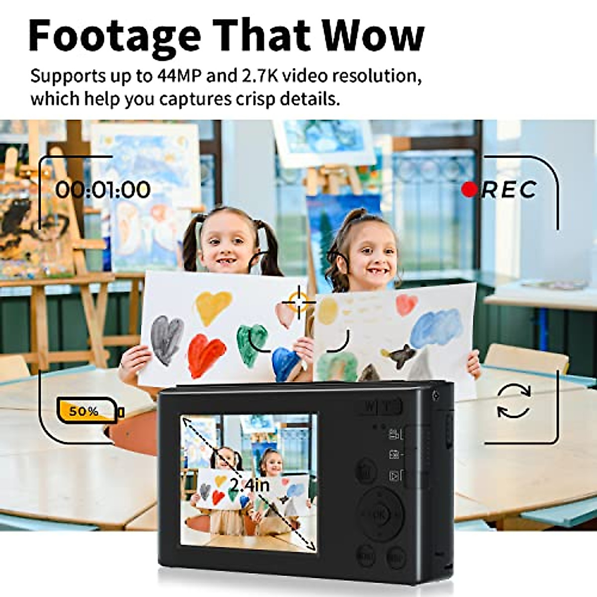 Digital Camera 4K 44MP Compact Point and Shoot Camera with 16X Digital Zoom 32GB SD Card,Kids Camera 2.4 Inch, Vlogging Camera for Teens Students Boys Girls Seniors(Black2)
