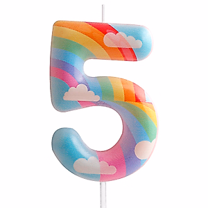 5th Birthday Candles Number 5 Pink Rainbow Birthday Party Cloud Rainbow Theme Adorable Design for Baby Girl Boy Birthday Cake Topper, Graduation Celebration Anniversary Wedding Decorations