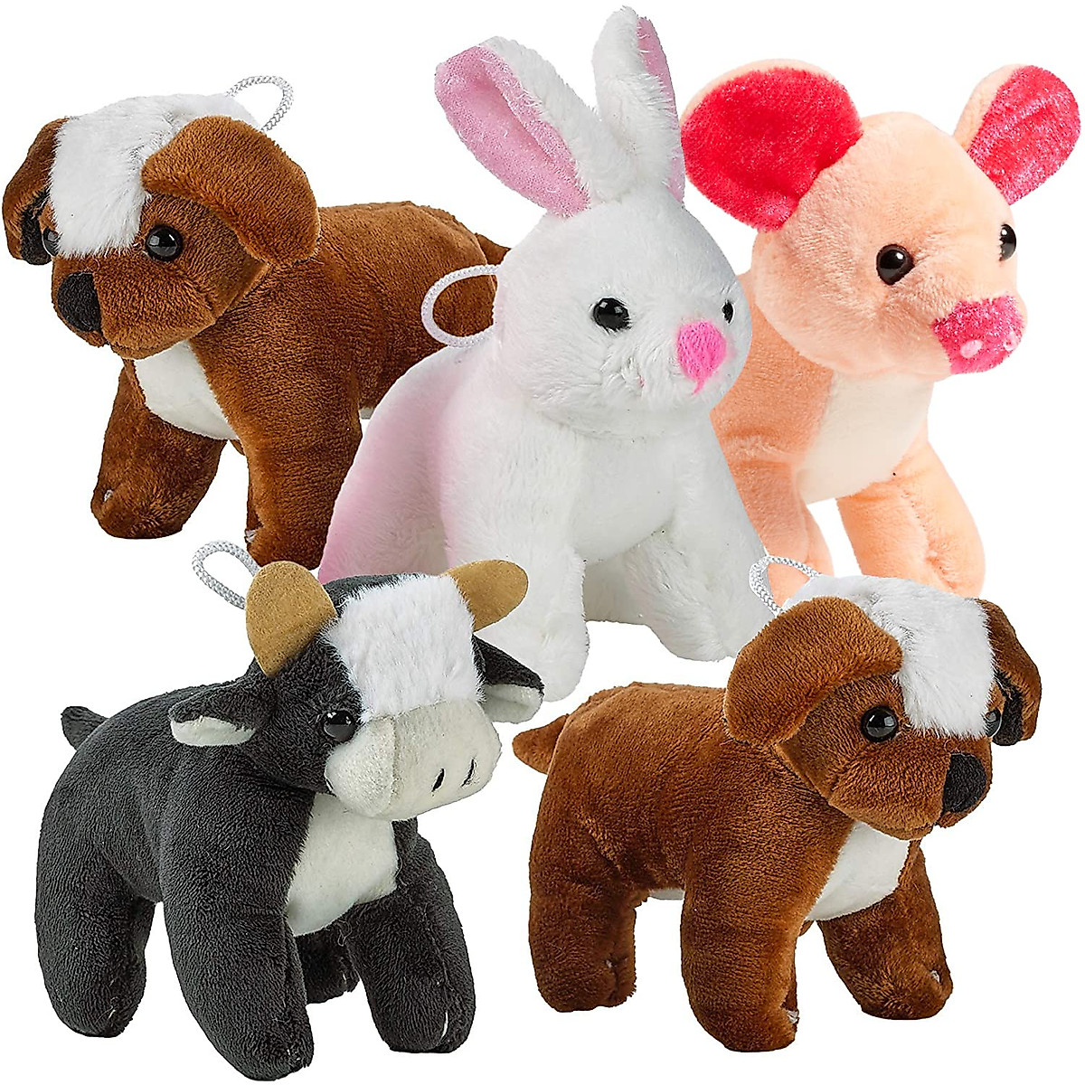 Bedwina Plush Stuffed Animals - Farm Animal Toys - (Pack of 12 Bulk) 5 Inch Soft Cuddly Plushed Cow, Pig, Bunny Rabbit, Dog, Party Favors, Gifts, Prizes for Toddlers and Kids