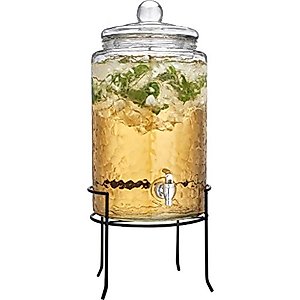 HC Classic Hammered Glass Ice Cold Beverage Drink Dispenser - 3 Gallon, With Glass Lid and Antique Metal Stand, 100% Leak Proof Spigot- Wide Mouth Easy Filling For Outdoor, Parties & Daily Use