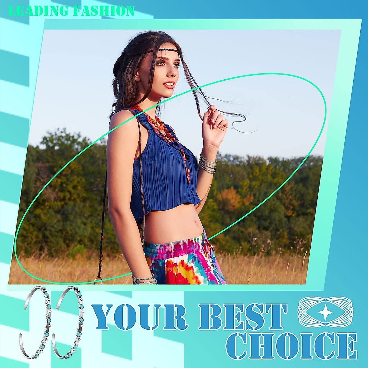 Lasnten 5 Pieces Turquoise Bracelet, Turquoise Cuff Bracelet, Western Turquoise Stackable Bracelet Handmade Gemstone Bangle for Women Christmas Birthday Gift