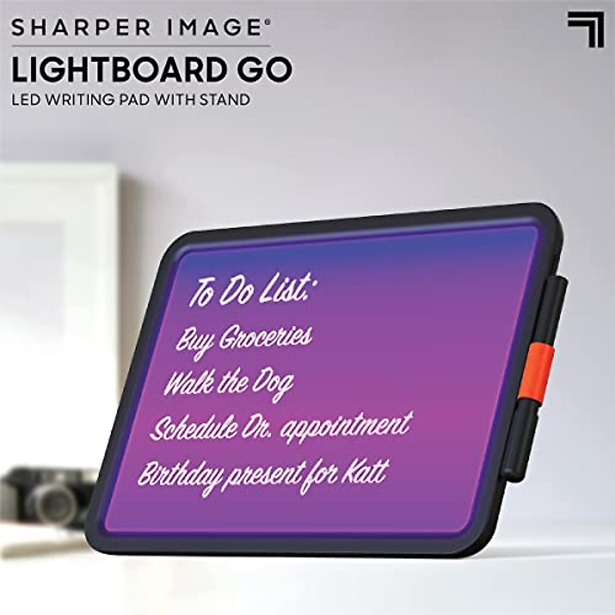 Sharper Image LightBoard LED Writing Pad with Stand, Includes 3 Washable Markers, 7 Light Modes & Magnetic Mount, Wipe Clean Surface, Perfect for Messages, Grocery Lists, Notes, Affirmations