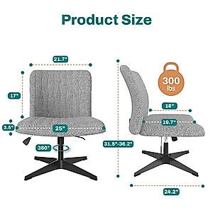 NYPOT Criss Cross Chair - Wide Armless Desk Chair No Wheels, Cross Legged Office Chair, Adjustable Modern 360 Swivel Vanity, Fabric Padded,120° Rocking Ergonomic Mid Back Computer Task Chair - Grey