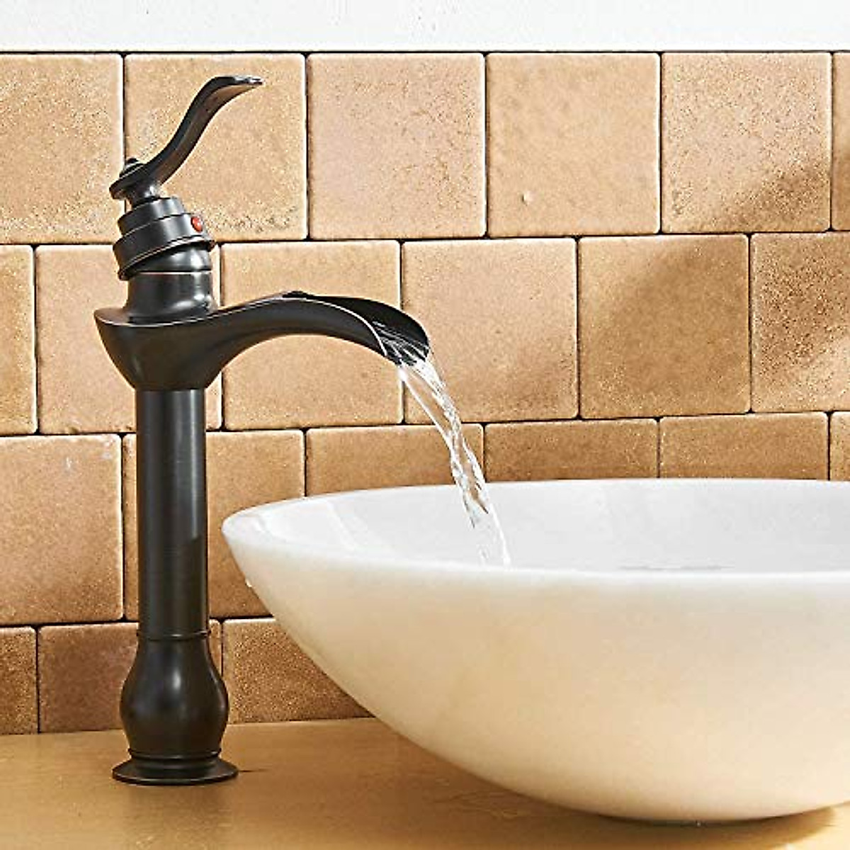 Bathfinesse Vessel Sink Faucet Bathroom Bowl Faucets Tall Oil Rubbed Bronze Farmhouse Waterfall Spout Lavatory Single Handle 1 Hole with Pop Up Drain Stopper and Supply Lines Lead-Free