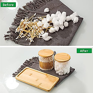 2 Pack 20oz Glass Qtip Holder with Bamboo Vanity Tray Glass Cotton Ball Holder Apothecary Jars Bathroom Organizer Canisters with Lids for Cotton Swabs Cotton Pads Dental Floss Makeup Brush Perfume.