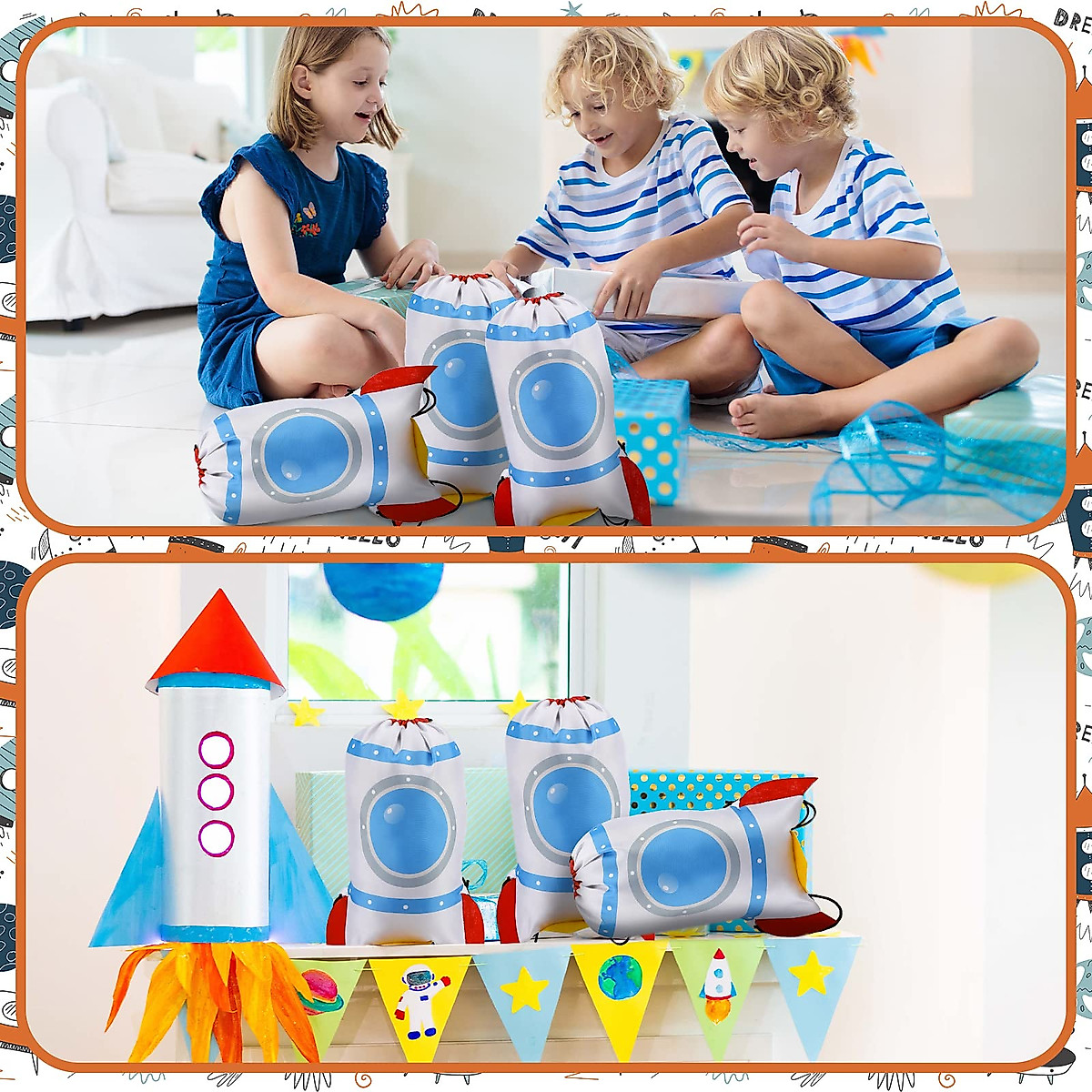 Kingdder 12 Pcs Rocket Drawstring Bags Party Favor Bags Rocket Space Themed Sport Astronaut Backpack Candy Goodie for Kids