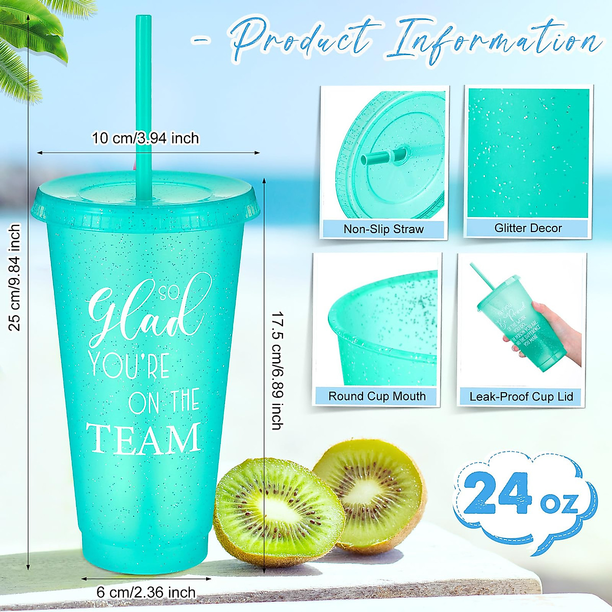 Gerrii 24 Pcs Appreciation Tumbler Bulk for Employee Coworker Thank You 24oz Glitter Plastic Cups with Lids and Straws Reusable Iced Coffee Travel Mug Inspirational Gifts for Birthday (Multi Colors)