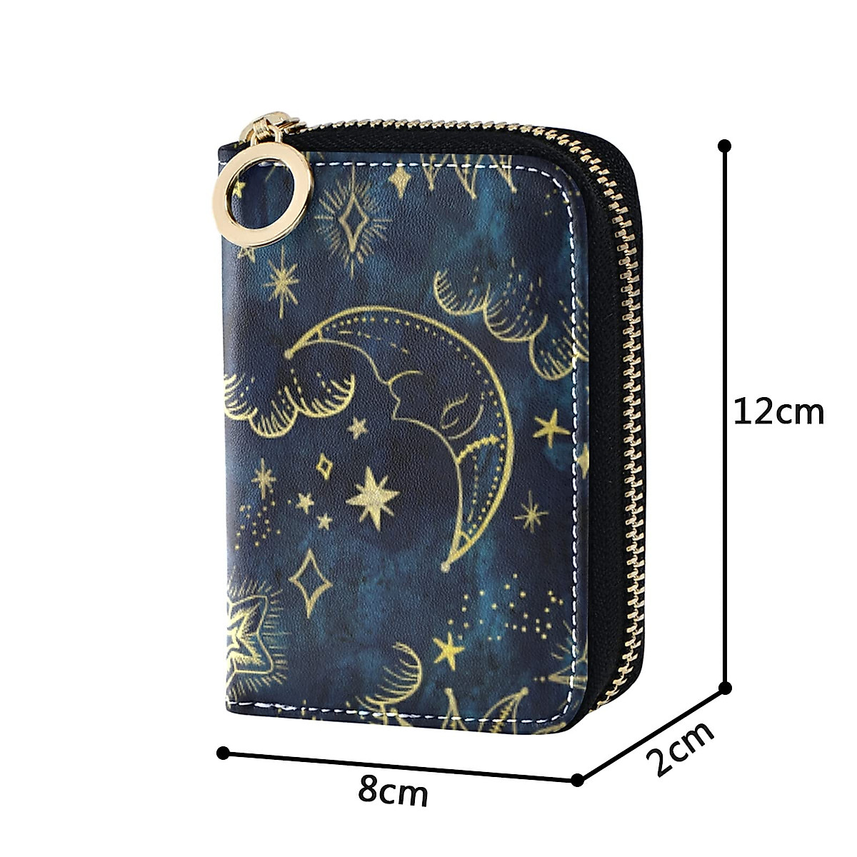 Gold Sun Moon Golden Soleil Cosmos Astrology on Dark Blue Pattern Credit Card Coin wallet, Key Change Organizer Zipper Purse Compact Clutch Pouch Pocket, RFID Blocking Women Leather Card Holder