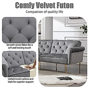 civama Futon Sofa Bed, Velvet 76" Twin Size Couch with 2 Pillows, Convertible 3-Seater 3 Adjustable Angle Tufted Sleeper with Nailhead Trim, Golden Metal Legs Folding Futon for Living Space, Gray