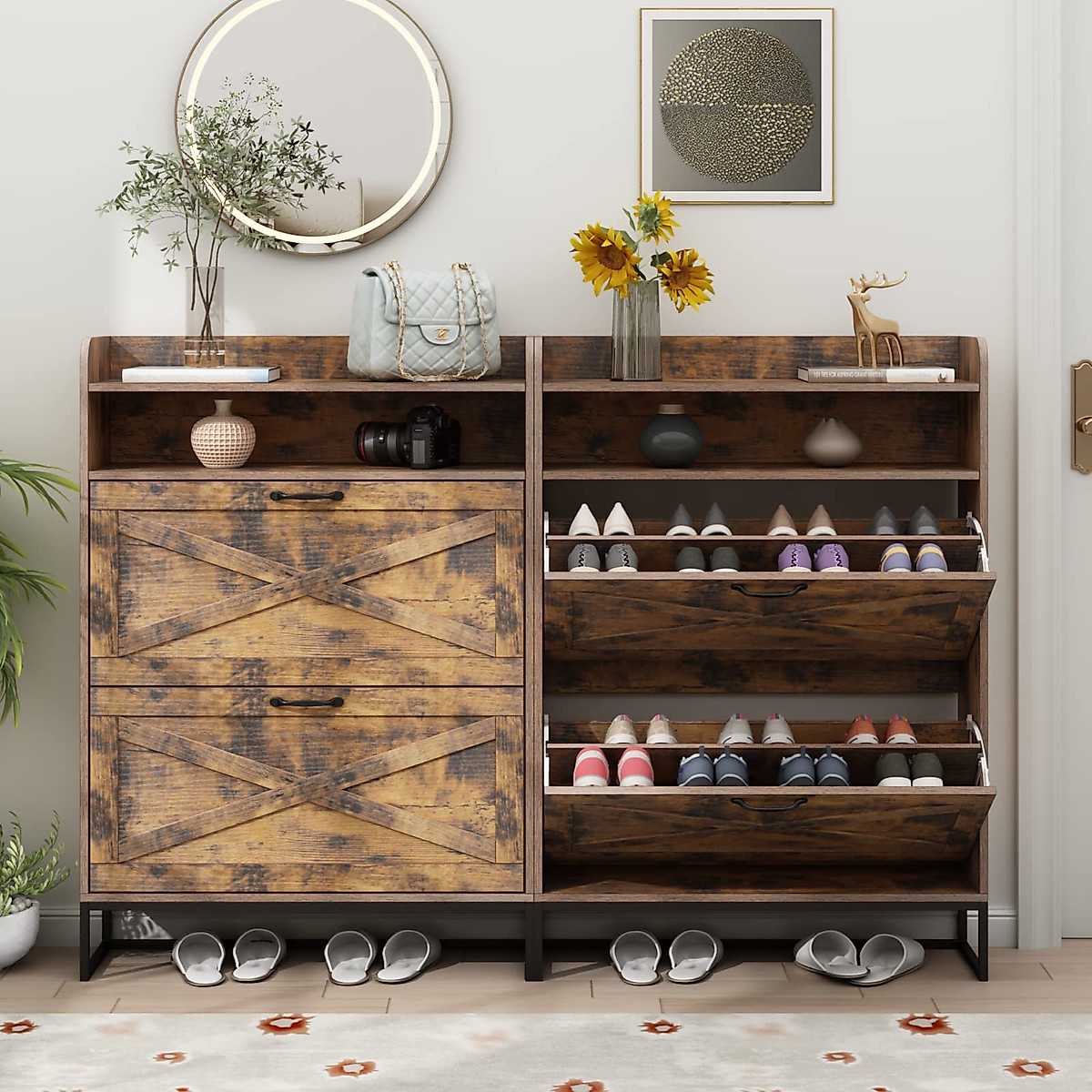 Gyfimioe Rattan Shoe Cabinet with 2 Flip Drawers, Slim Shoe Storage Cabinet for Entryway Freestanding Shoe Organizer Narrow Farmhouse Shoe Rack (Rustic Brown)