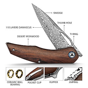 TRIVISA Handmade Pocket Knife,3.62'' 110 Layers Damascus Steel Blade,Front Flipper Wood Handle with Clip,Folding EDC for Men Outdoor Hunting Camping Hiking,Taurus-01i