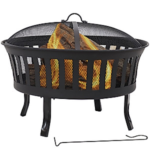 Sunnydaze 25-Inch Steel Wood-Burning Fire Pit with Mesh Stripe Cutouts - Includes Poker and Spark Screen